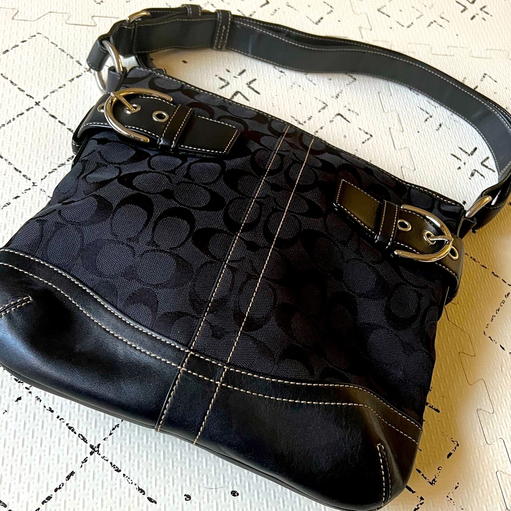 Coach Signature Pattern Leather & Cloth Cross Body Bag - Gem